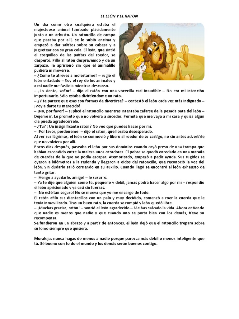 El león y el ratón: fábula completa | PDF