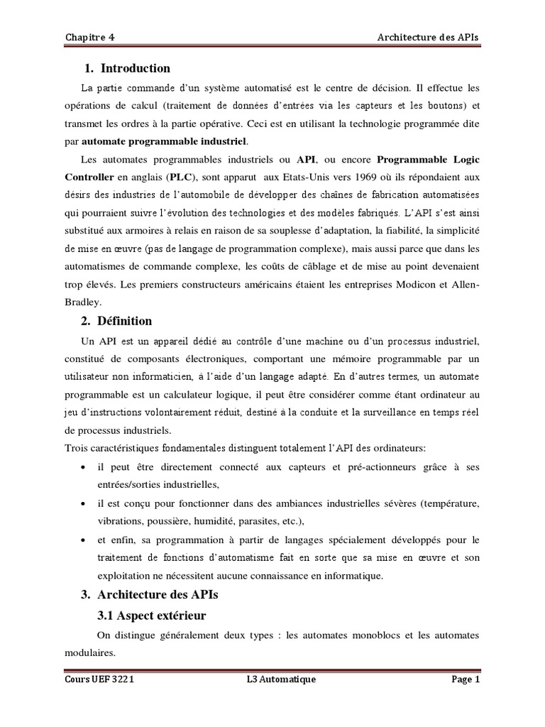 Chapitre 4 | PDF | Automate programmable industriel | Entrée/Sortie