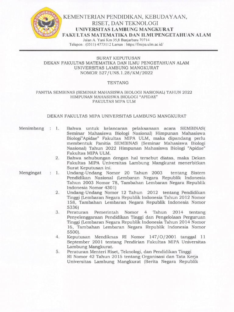 2022 SK Dekan No 527 Tentang Panitia Seminar Nasional Mahasiswa Biologi Nasional Tahun 2022 HIMA ...