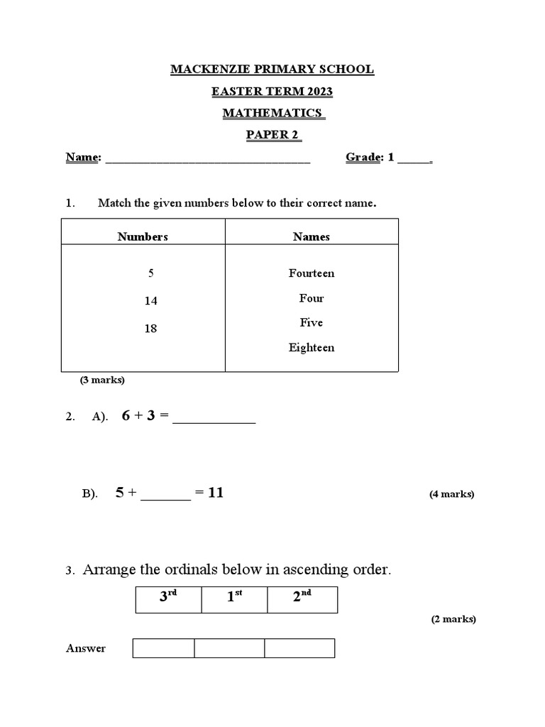 Grade 1 Mathematics Paper 2 | PDF