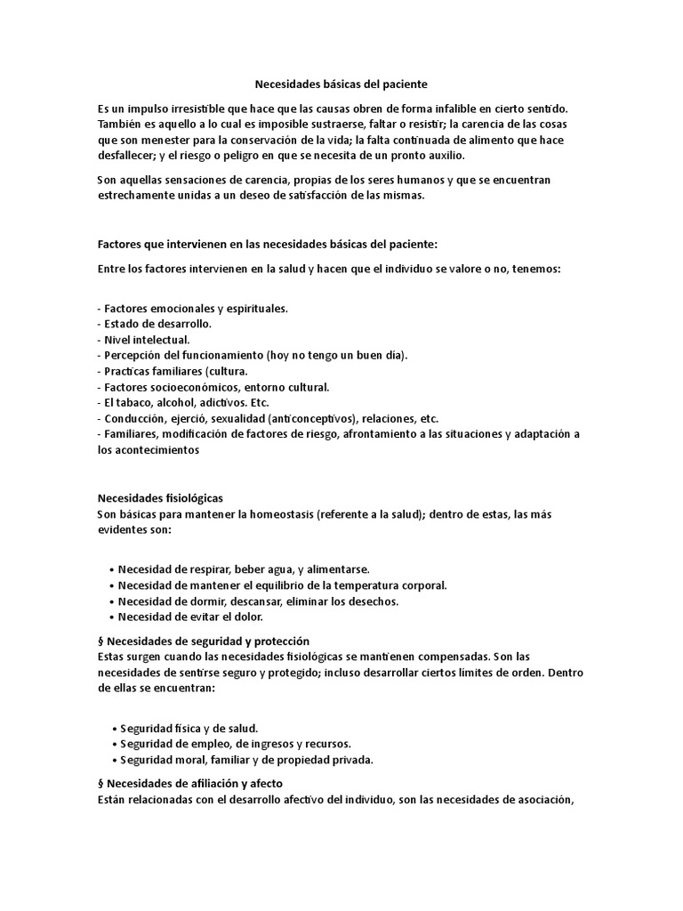 Necesidades Básicas Del Paciente | PDF | Sicología | Conceptos psicologicos Necesidades Básicas Del Paciente | PDF | Sicología | Conceptos psicologicos