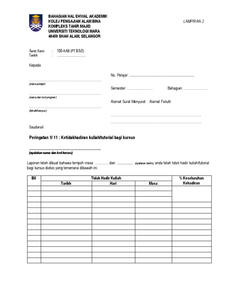 Lampiran-2 Borang Ketidakhadiran Kuliah Pindaan 2022 | PDF
