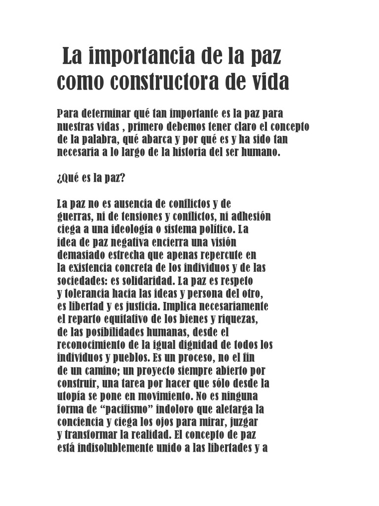 La Importancia de La Paz Como Constructora de Vida | PDF | Teorías ...