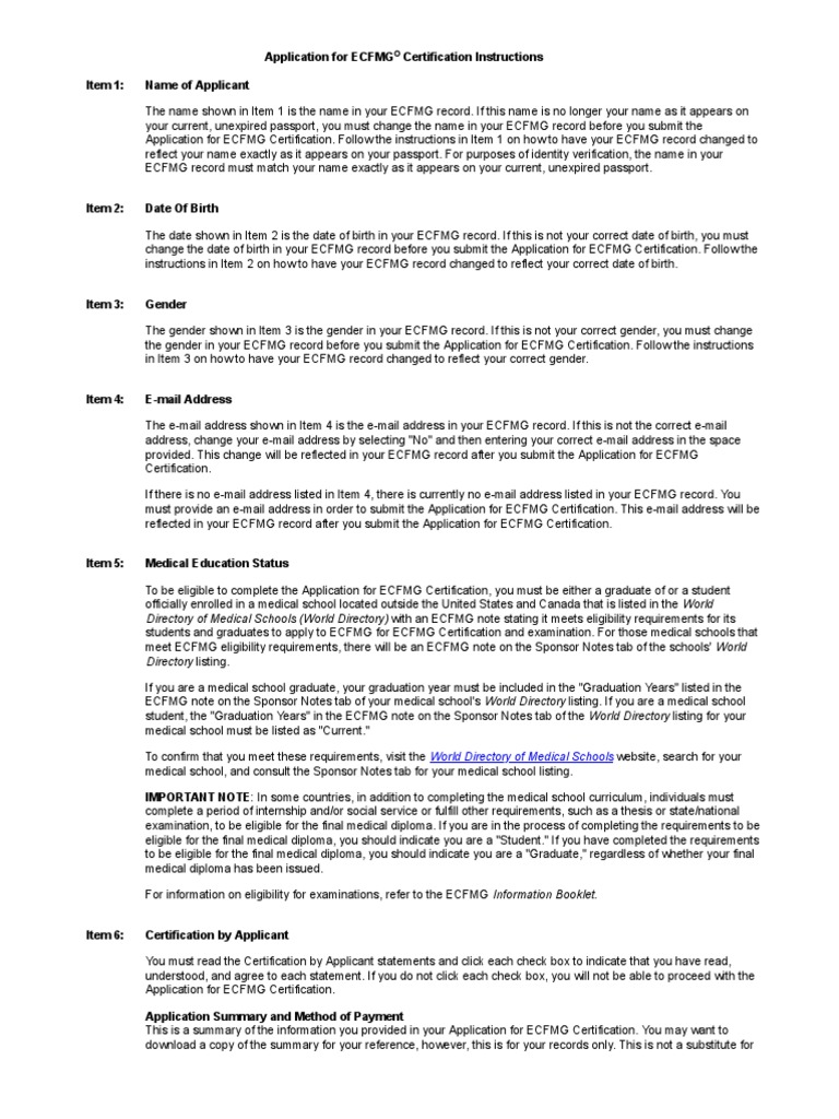 Application For ECFMG Certification - Instructions | PDF | Medical School | Identity Document