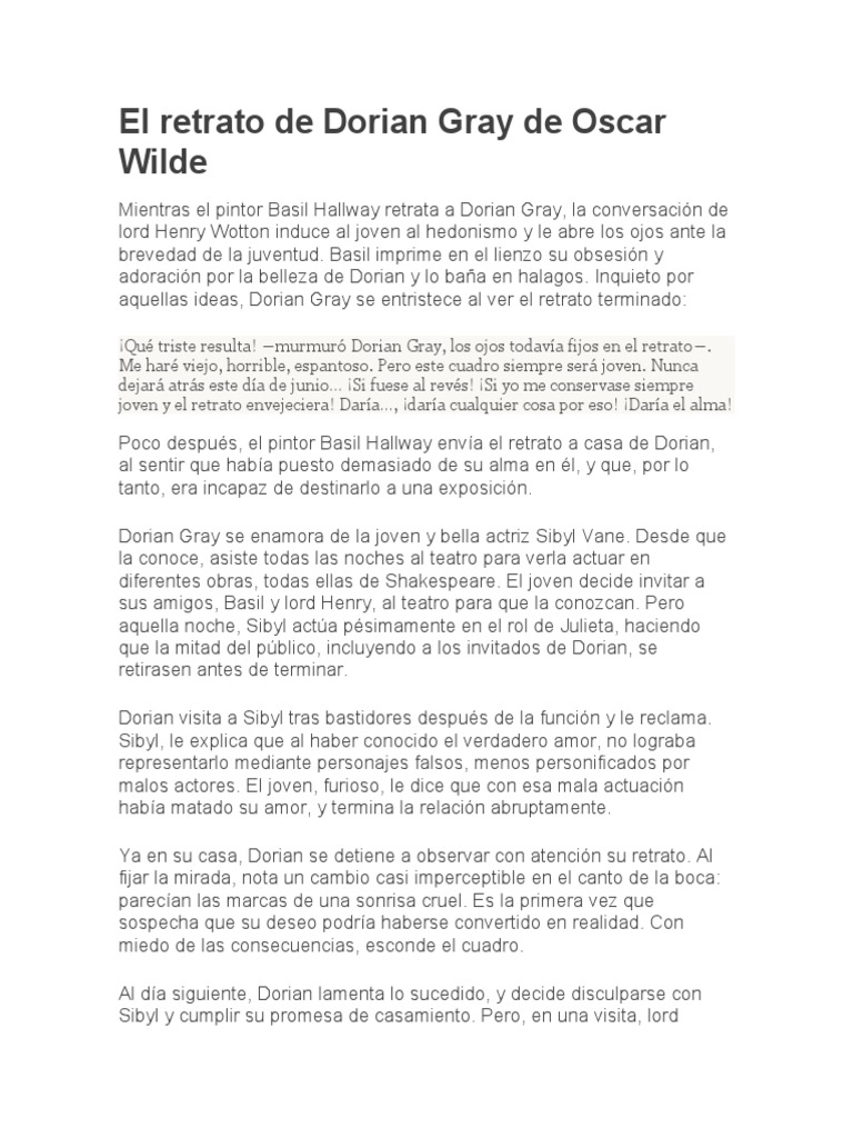 Resumen El Retrato de Dorian Gray de Oscar Wilde | PDF | La imagen de ...