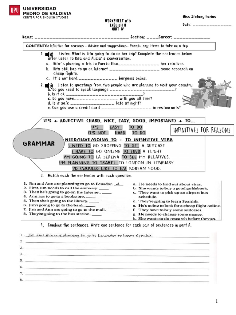 English Worksheet N°8, INFINITIVE FOR REASONS - ADVICE AND SUGGESTIONS ...