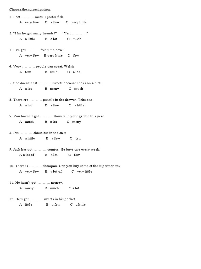 Grammar Quiz: Few vs. Little Choices | PDF