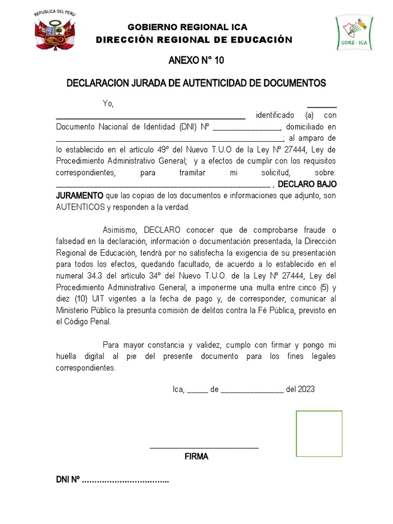 Anexo 10 - Declaracion Jurada de Autenticidad de | PDF