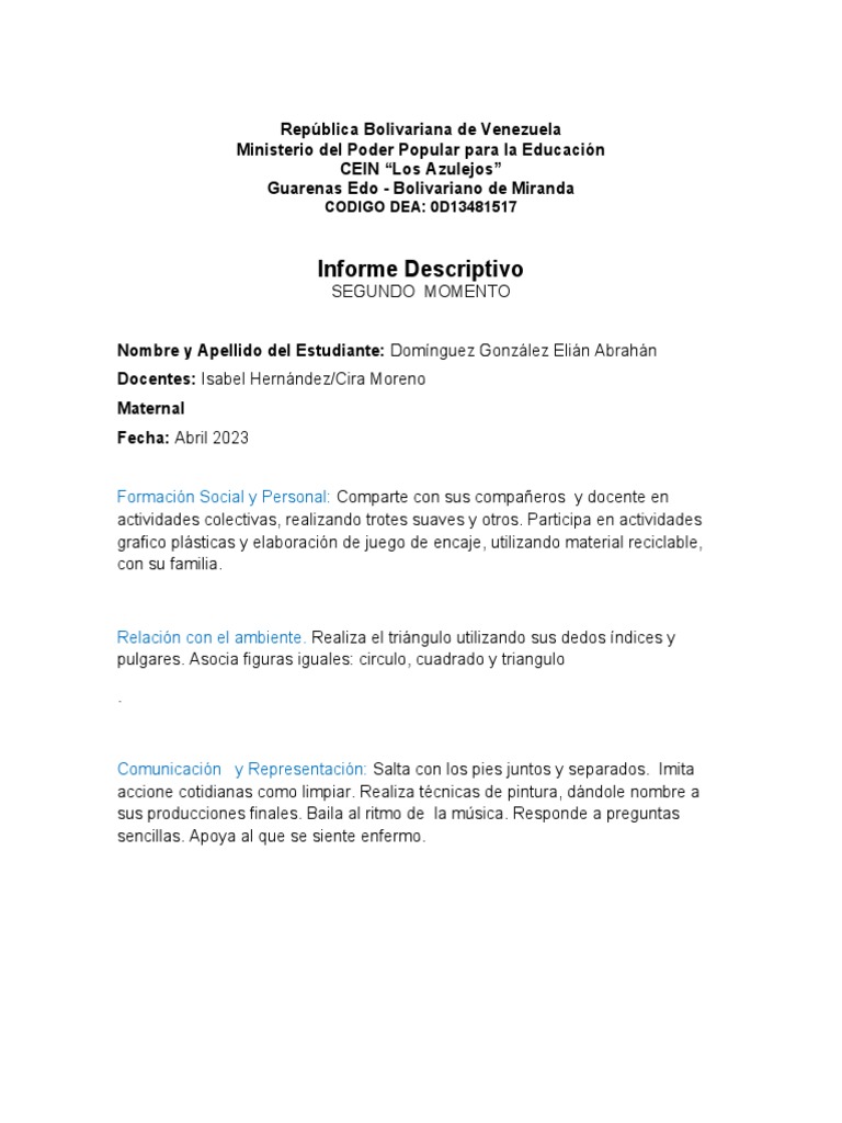 Informe Descriptivo Segundo Momento Maternal Marzo 2023 | PDF