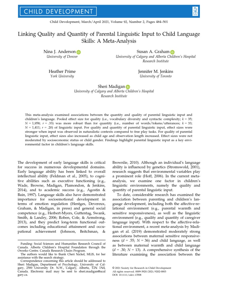 Anderson 2021 Metanalysis of Quality and Quantity of Parental Linguistic Input To Child Language ...