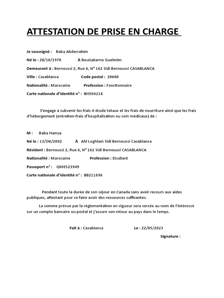 Attestation de Prise en Charge Visa | PDF