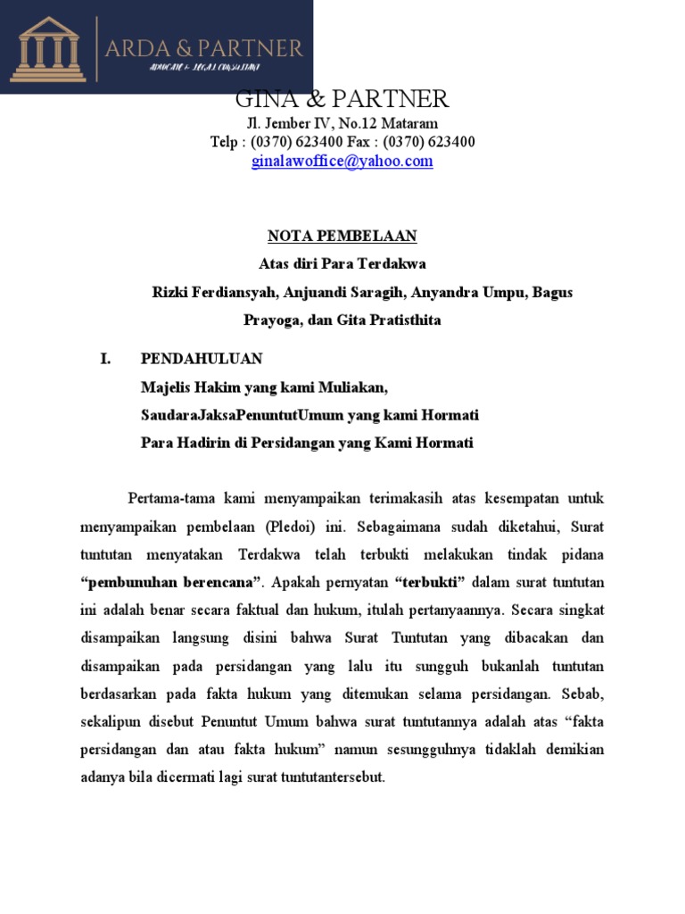 Ppp. Pledoi - KLP 1 | PDF
