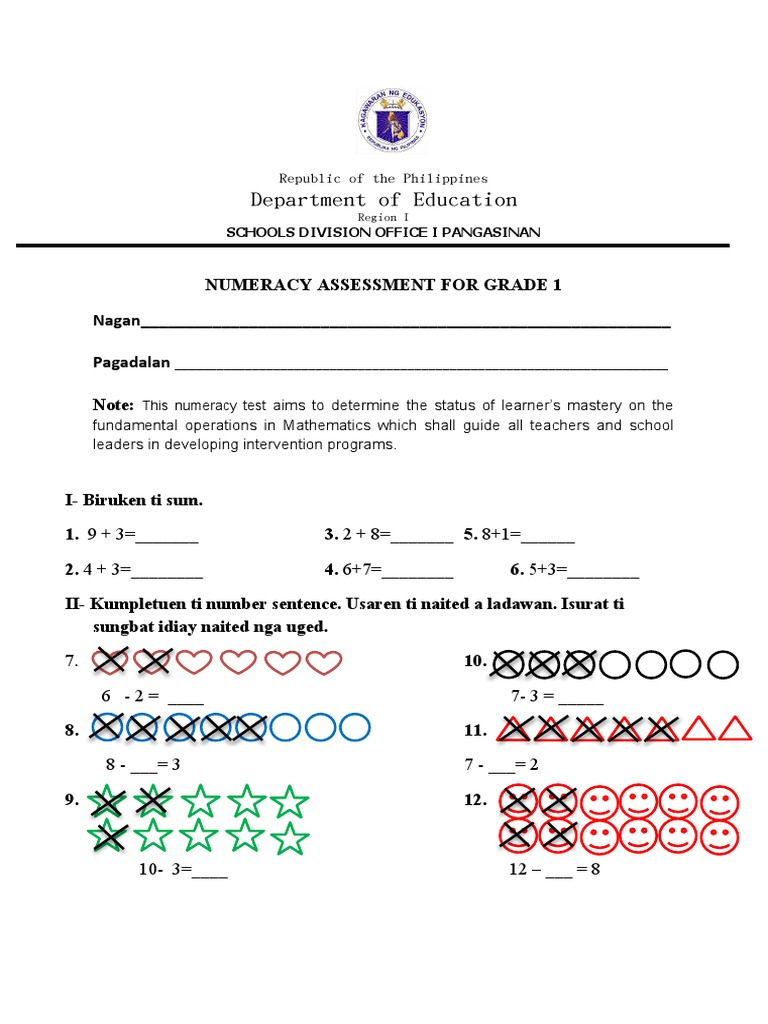 Grade 1 Numeracy Assessment Test | PDF