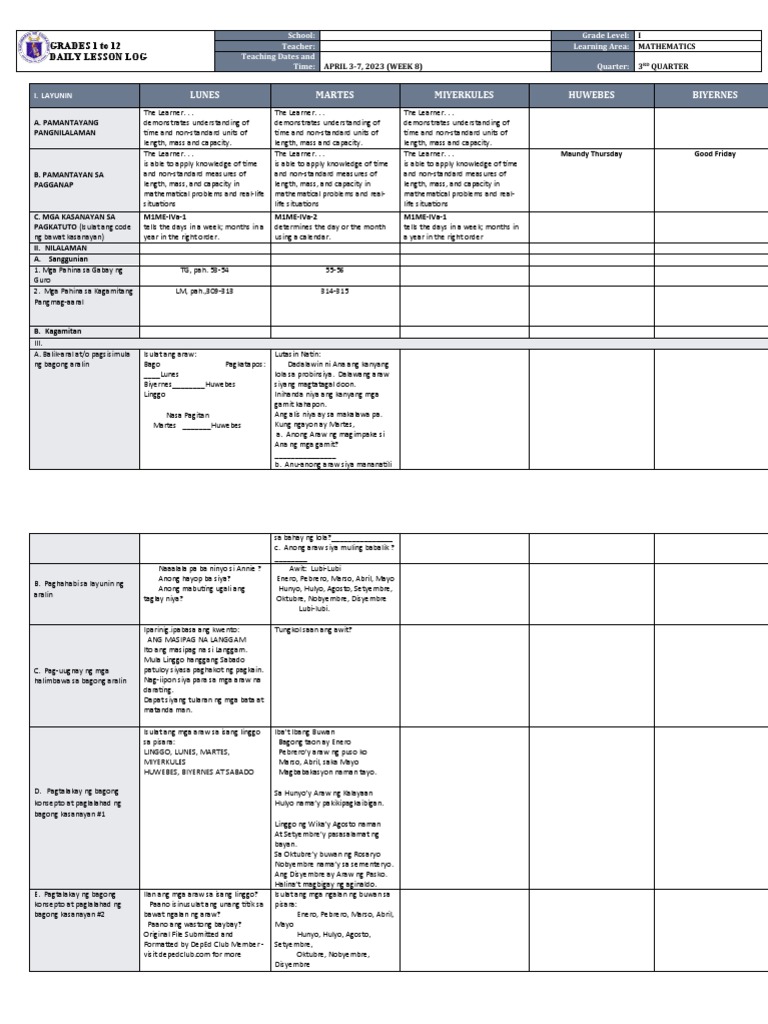DLL - Mathematics 1 - Q3 - W8 | PDF