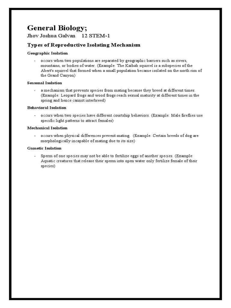Types of Reproductive Isolation Mechanisms | PDF