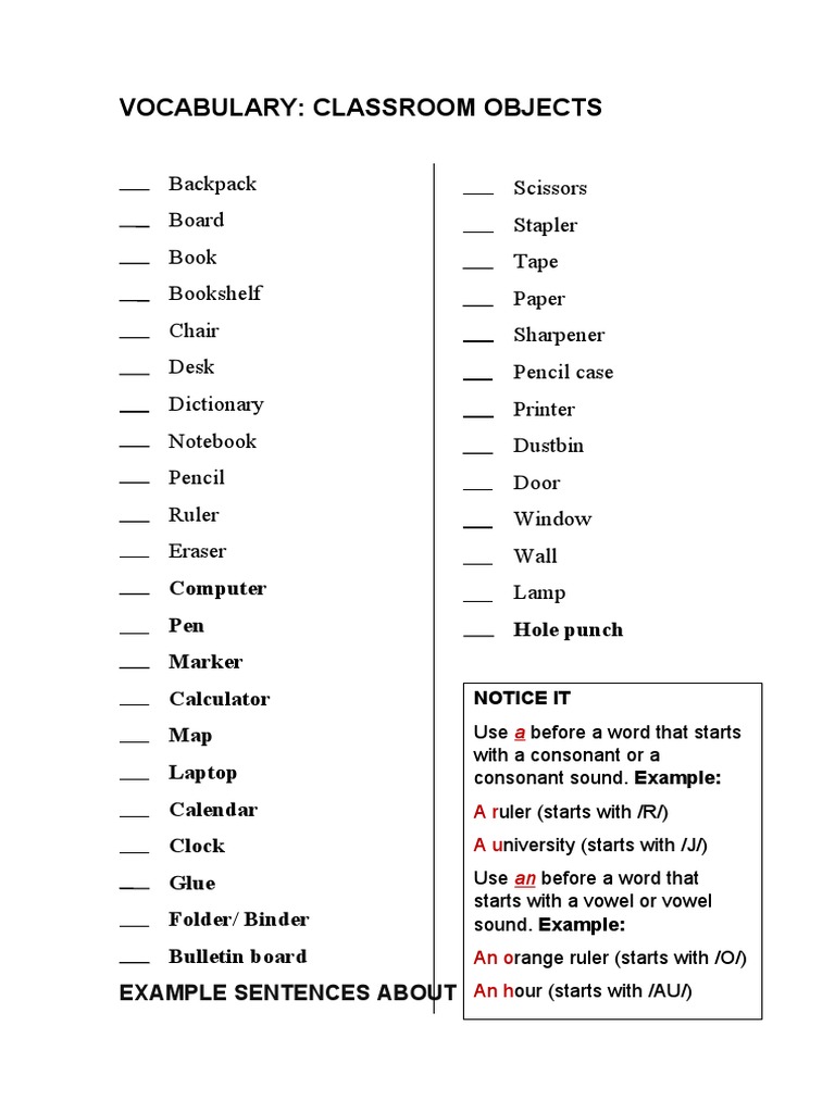Vocabulary Classroom Objects | PDF | Linguistics | Human Communication