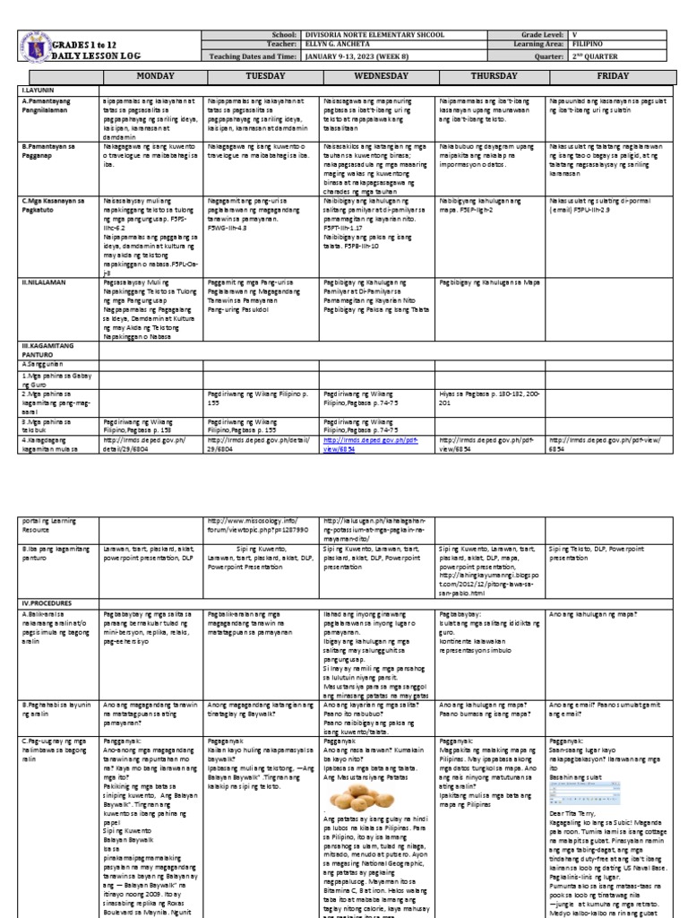 DLL - Filipino 5 - Q2 - W8 | PDF