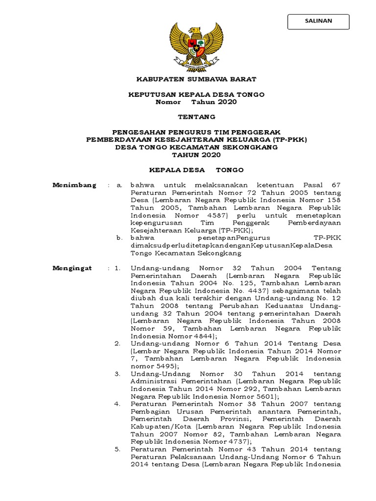 SK Pengurus PKK Desa 2020 p0j6br SK TP PKK Kumitir 2020 | PDF