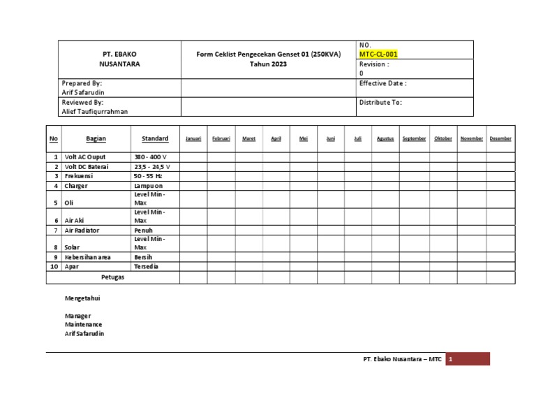 Ceklist Genset 250KVA 2023 | PDF