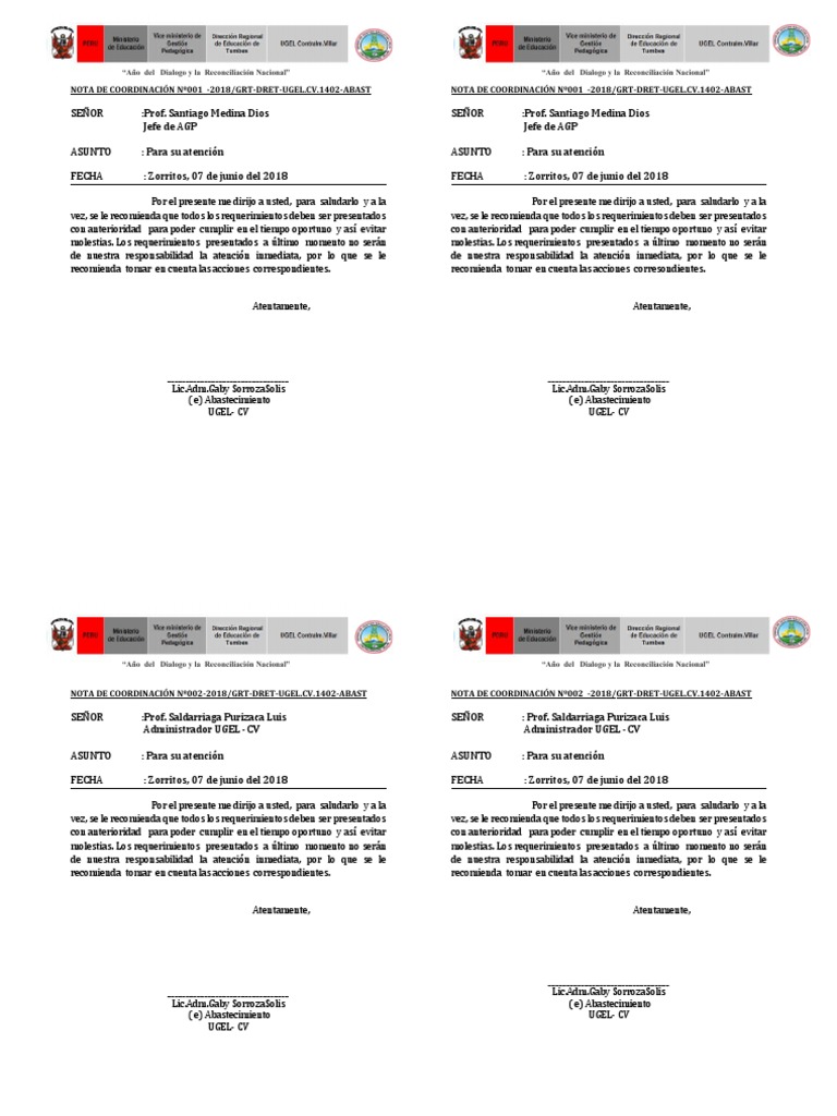 Modelos de Nota de Coordinación | PDF