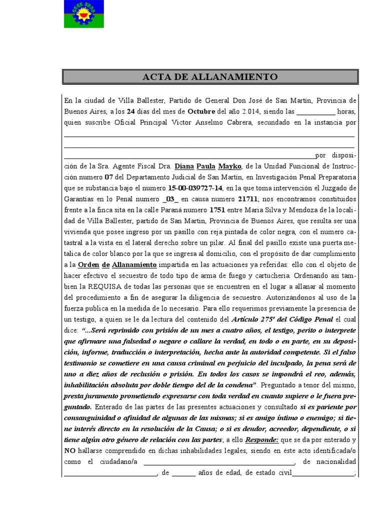 Acta de Allanamiento: NO Hallarse Comprendido en Dichas Inhabilidades ...