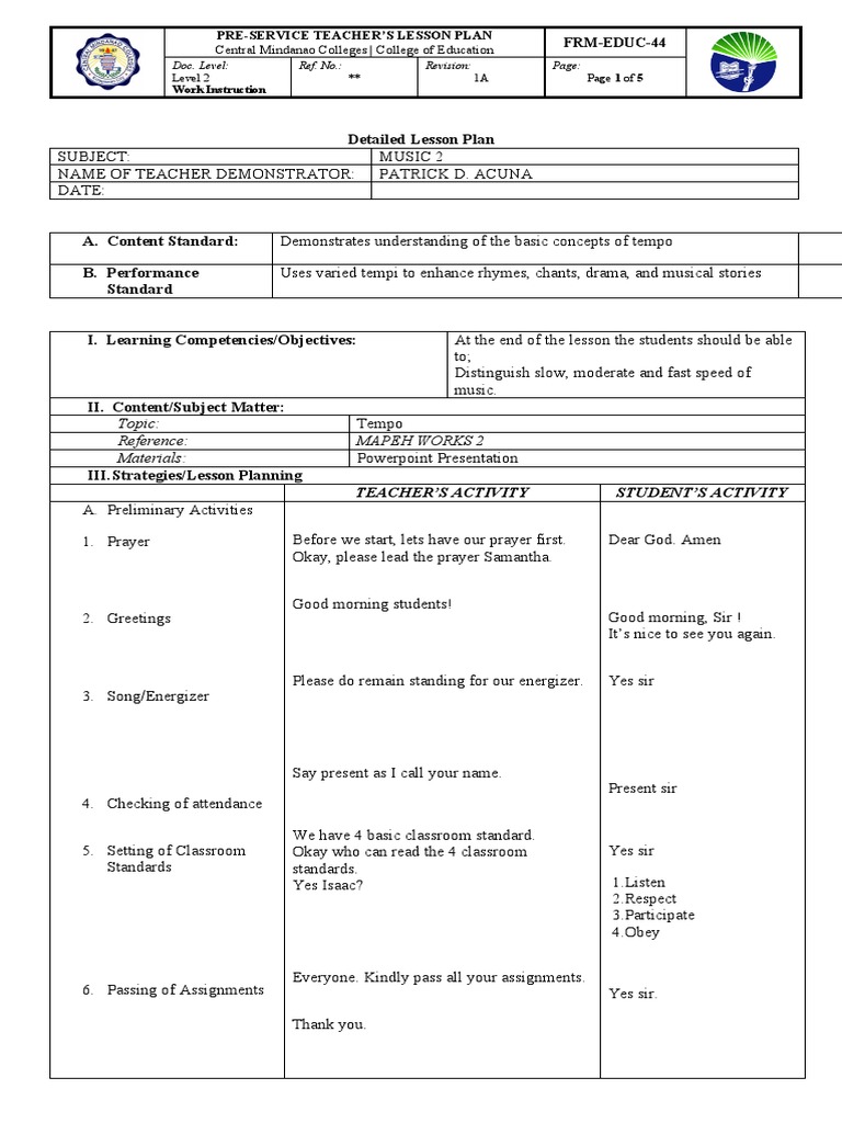 Music 2 DLP - Phase 1 | PDF | Lesson Plan | Teachers