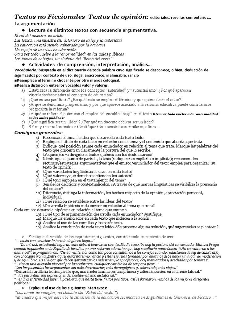 ACTIVIDADES Textos No Ficcionales Textos de Opinión | PDF