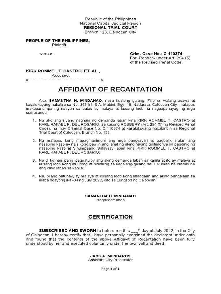 Affidavit of Recantation Rafael Del Rosario | PDF