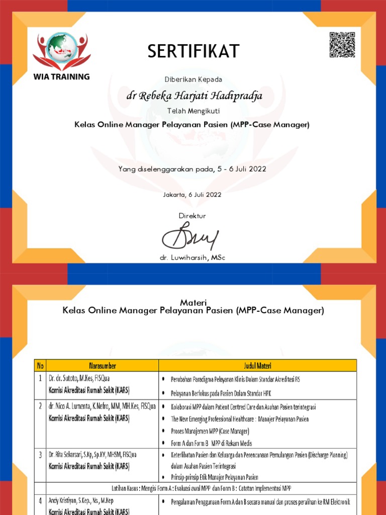 Sertifikat Kelas MPP-Case Manager | PDF