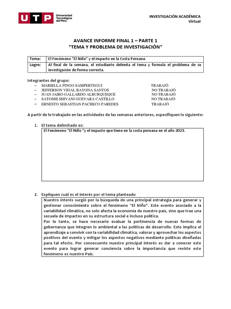 Semana 03-Formato - Avance de Informe Final 1 - Parte 1 - Tema y Problema de Investigación | PDF ...