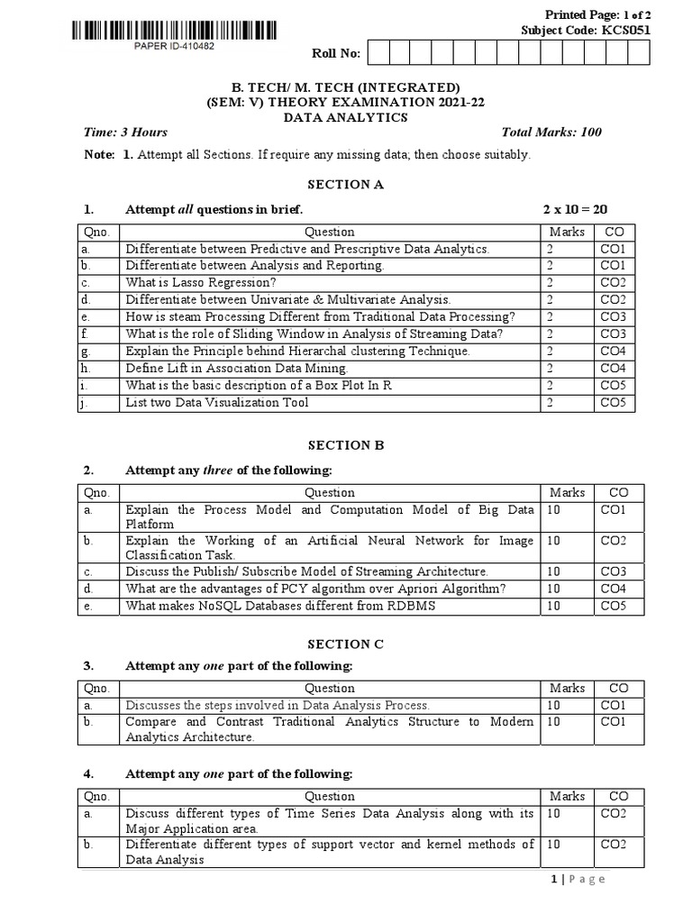 Btech Cs 5 Sem Data Analytics kcs051 2022 | PDF | Analytics | Cluster Analysis
