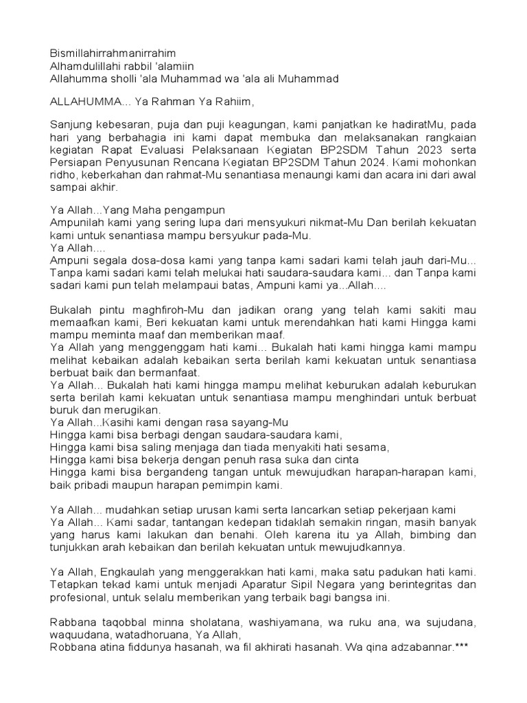 Teks Doa Rapat Bp2sdm 2023 | PDF