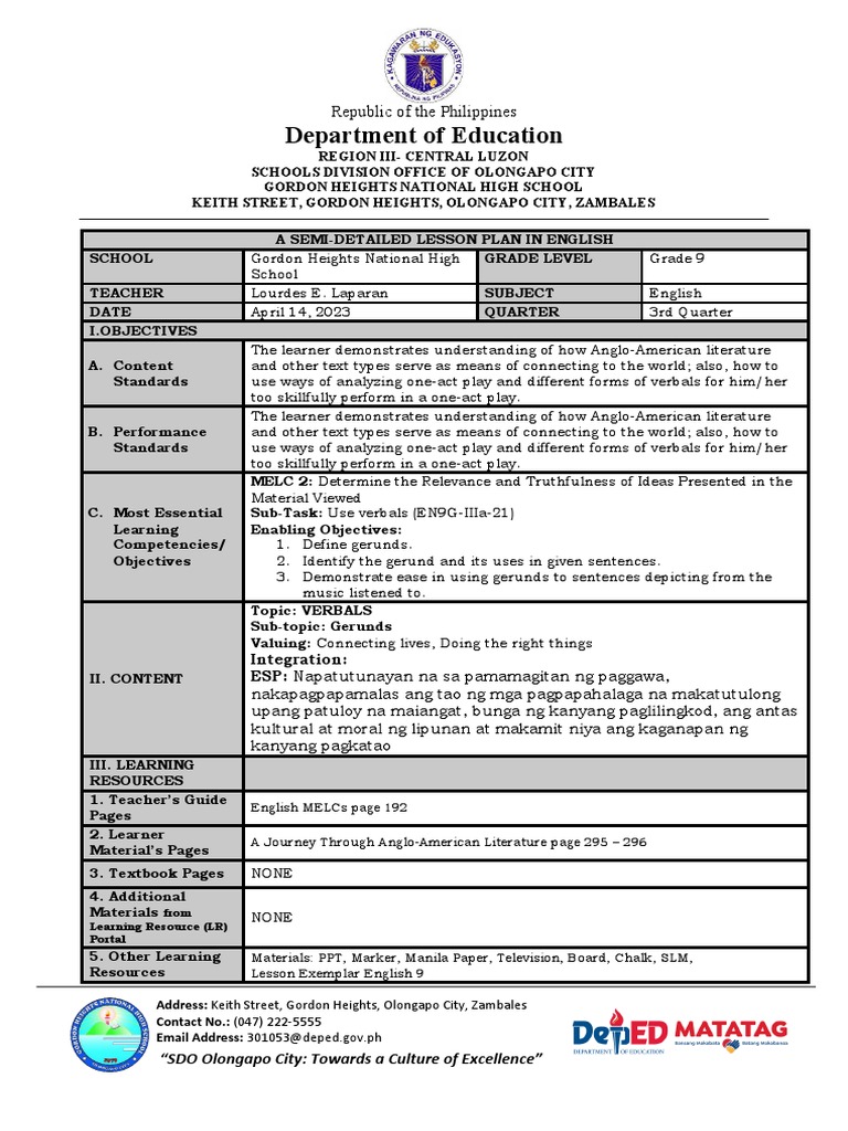 Grade 9 English Lesson Plan: Gerunds | PDF