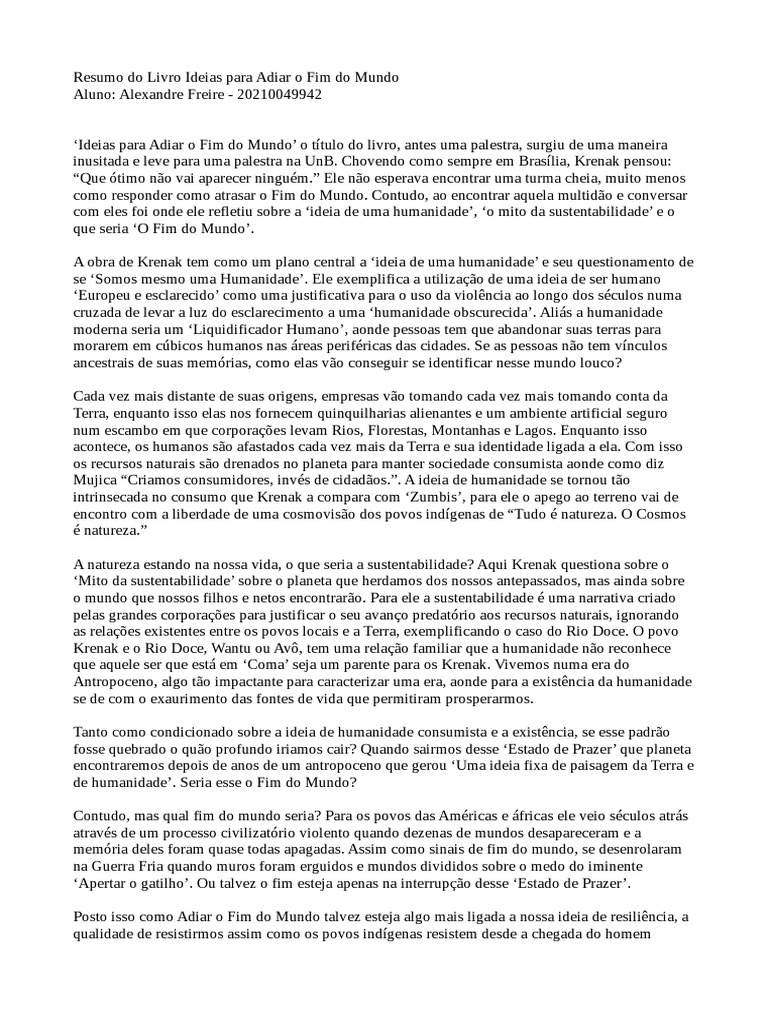 Resumo Do Livro Ideias para Adiar o Fim Do Mundo | PDF