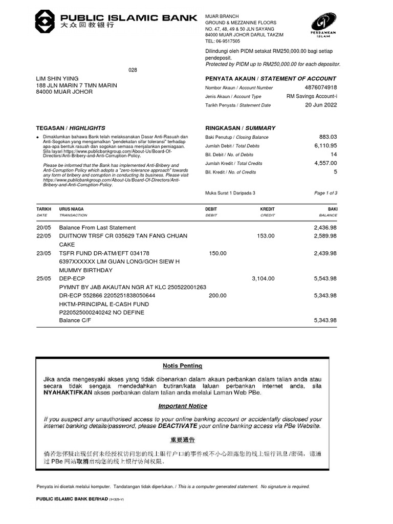 Penyata Akaun / Statement of Account: Dilindungi Oleh PIDM Setakat RM250,000.00 Bagi Setiap ...