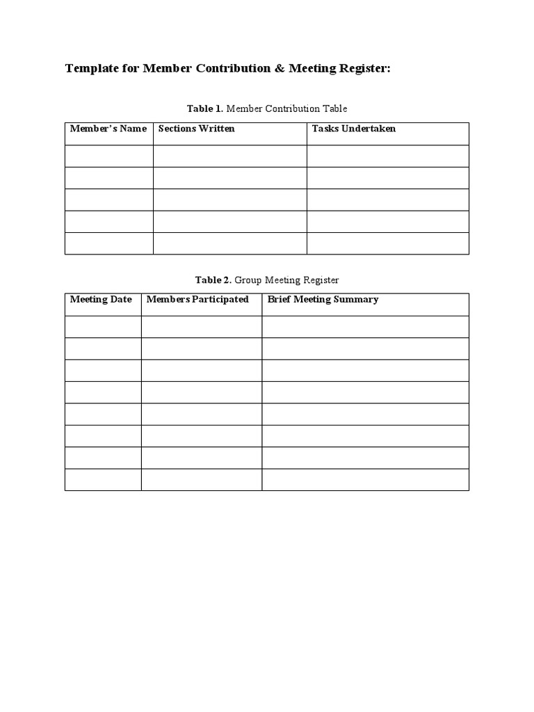 Member Contribution & Meeting Register Template | PDF