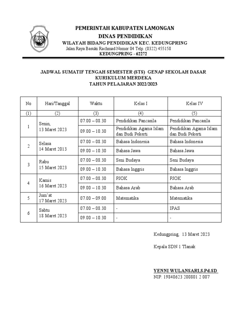 Jadwal STS Dan PTS Genap Tp. 2023 | PDF