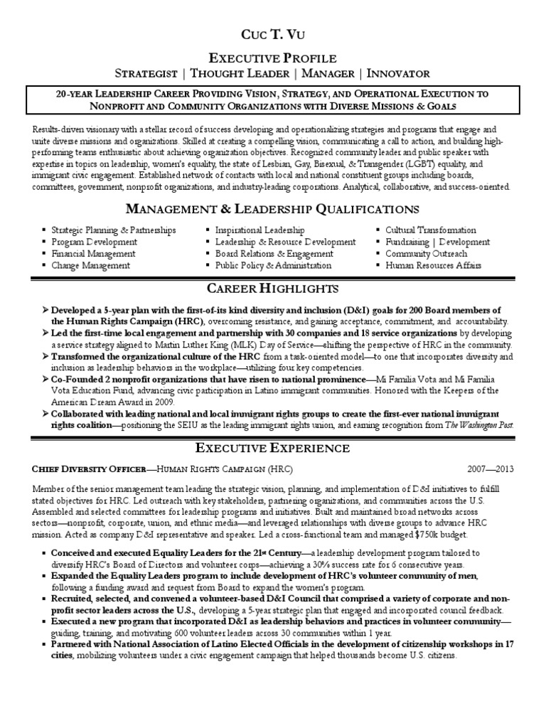 Cuc Vu Executive Resume 2014 | PDF | Human Rights Campaign | Leadership