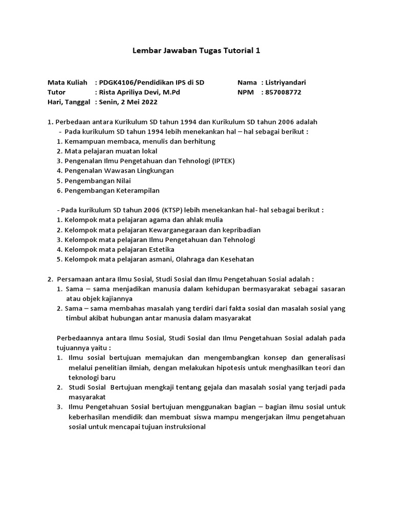 Tugas Tutorial 1 Pembelajaran IPS Di SD | PDF