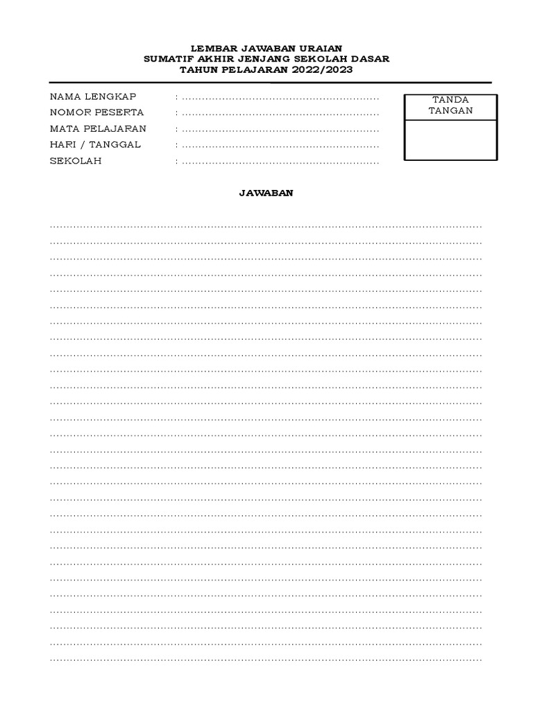 Lembar Jawaban Ujian SD 2022/2023 | PDF