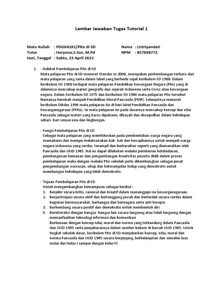 Tugas Tutorial 1 Pembelajaran PKN | PDF