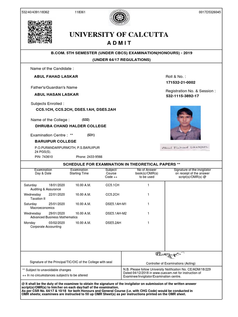 Admit Card B.Com 5th Sem. | PDF
