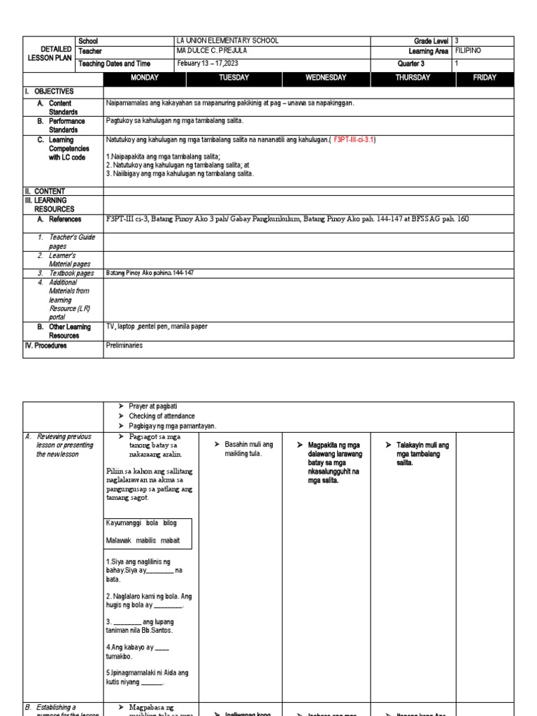 Filipino 3-Dll Week 1 q3 For Qa. | PDF
