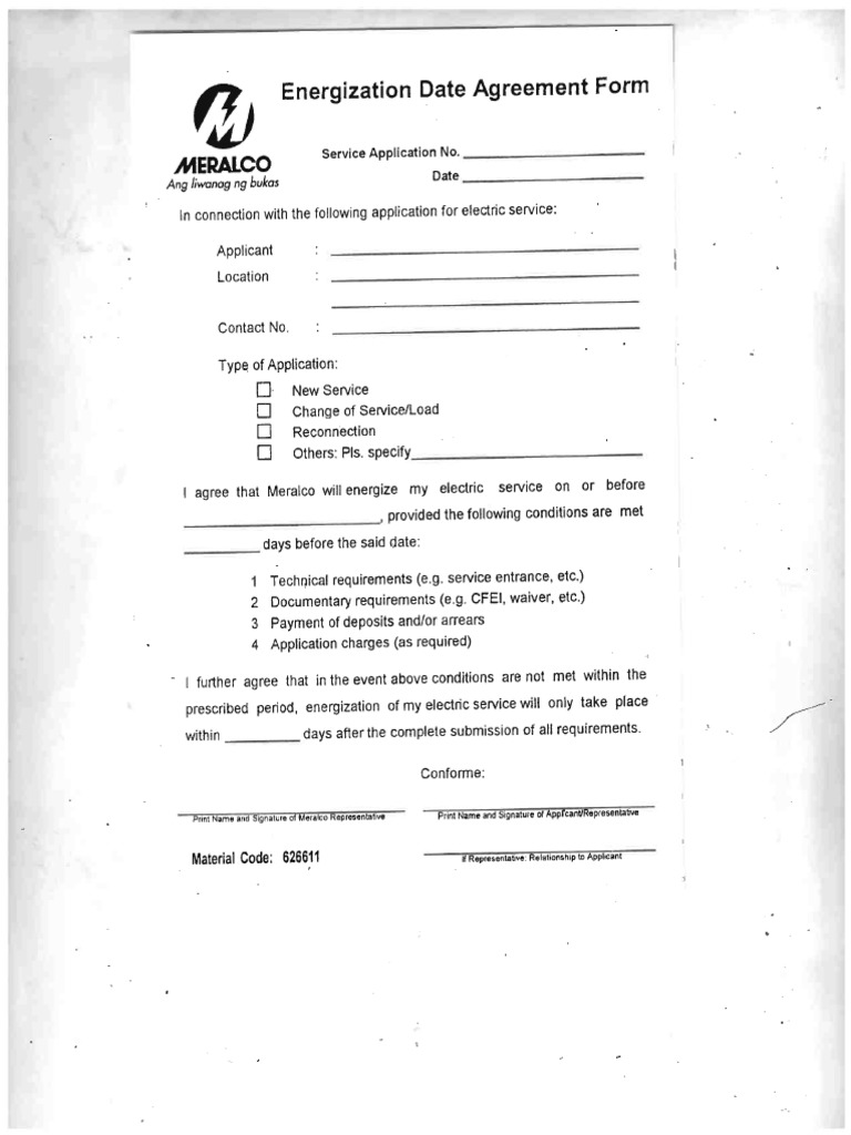 Energization Date Agreement Form - Meralco | PDF