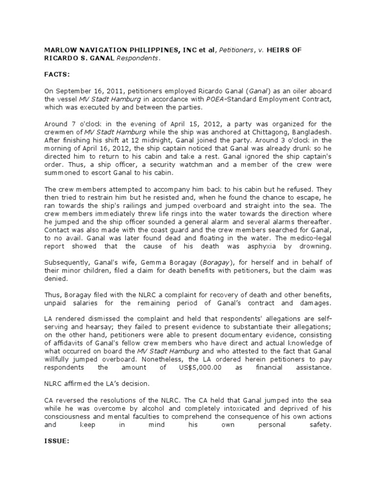 MARLOW NAVIGATION PHILIPPINES v. HEIRS OF GANAL | PDF | Employment | Justice