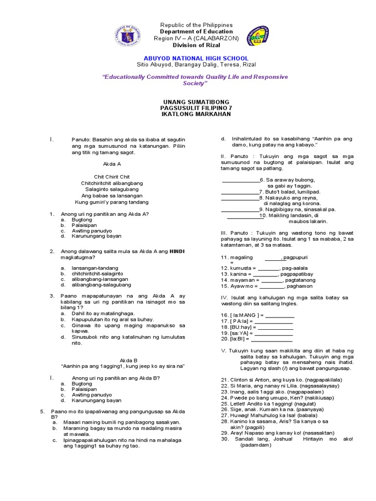 Filipino 7 3rd Quarter Summative Test | PDF