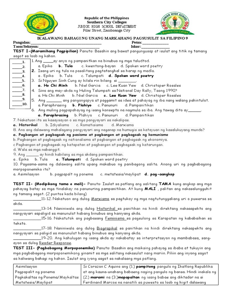 2nd Part Exam 1st Grading Fil. 9 | PDF