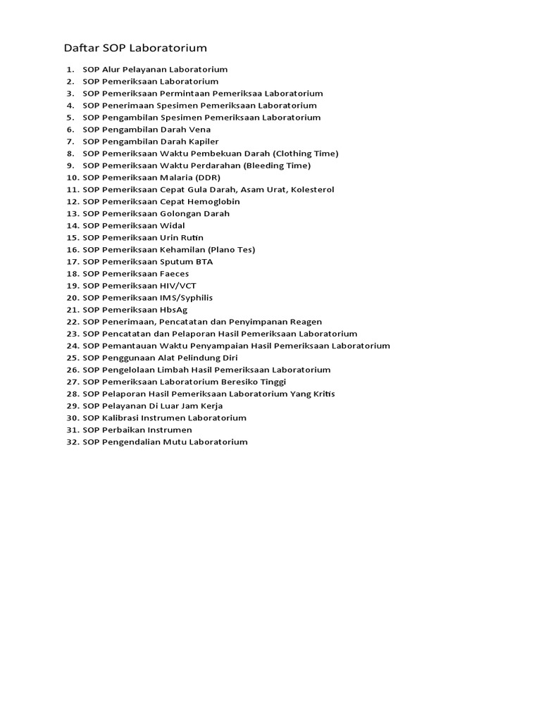 Daftar SOP Laboratorium | PDF