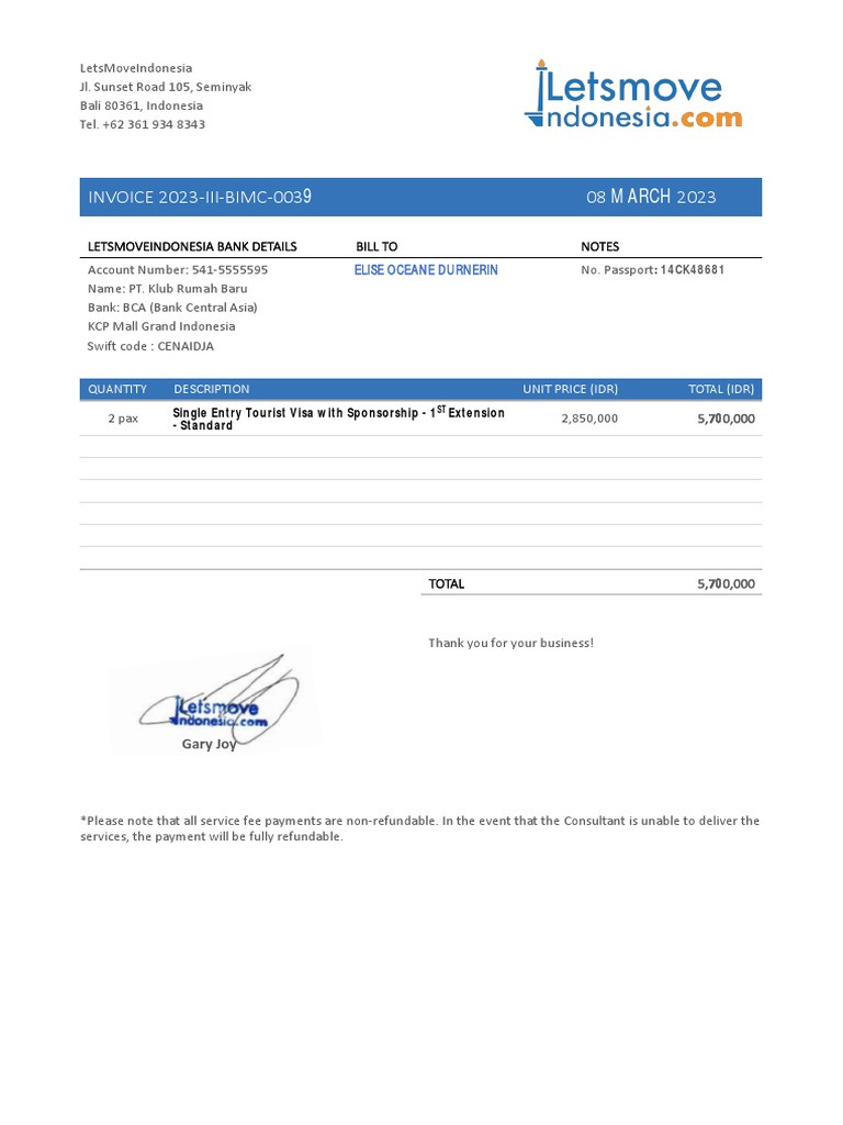 Visa Invoice for Elise Durnerin | PDF
