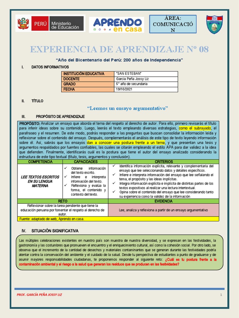 Comunicación 5° Actividad #01 - Exp 08 | PDF